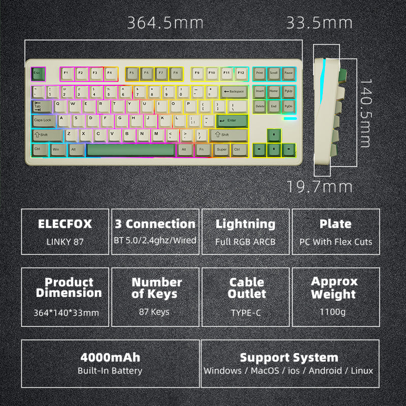 LINKY 87 TKL Customized Mechanical Keyboard 87 Keys Wired & Wireless B ...